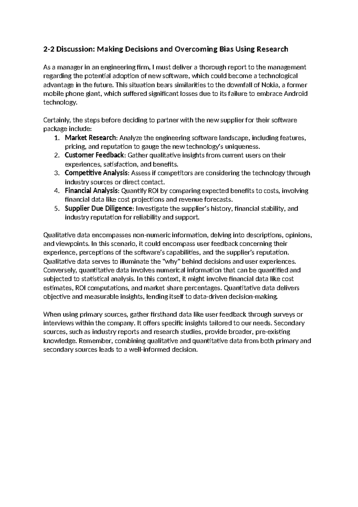 2-2 Discussion- Making Decisions and Overcoming Bias Using Research ...