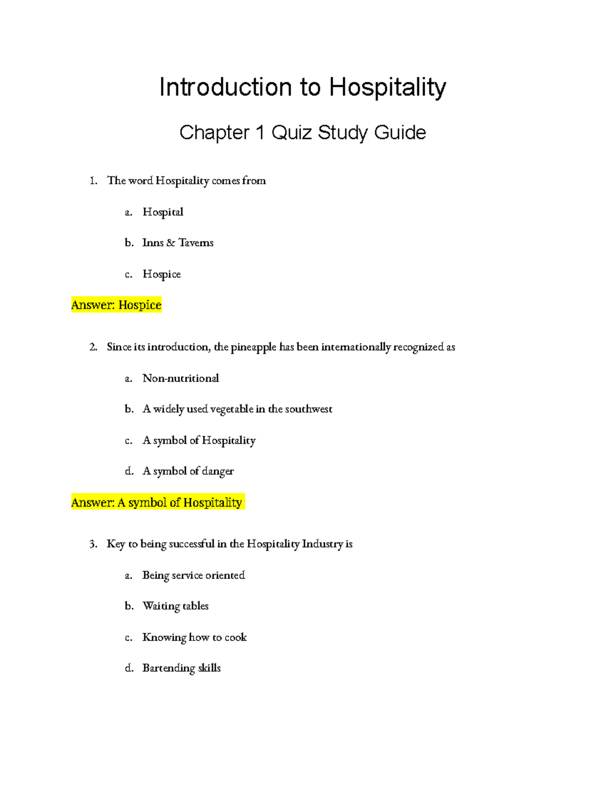 Chapter 1 Hospitality Quiz Study Guide: Key Concepts & Answers - Studocu