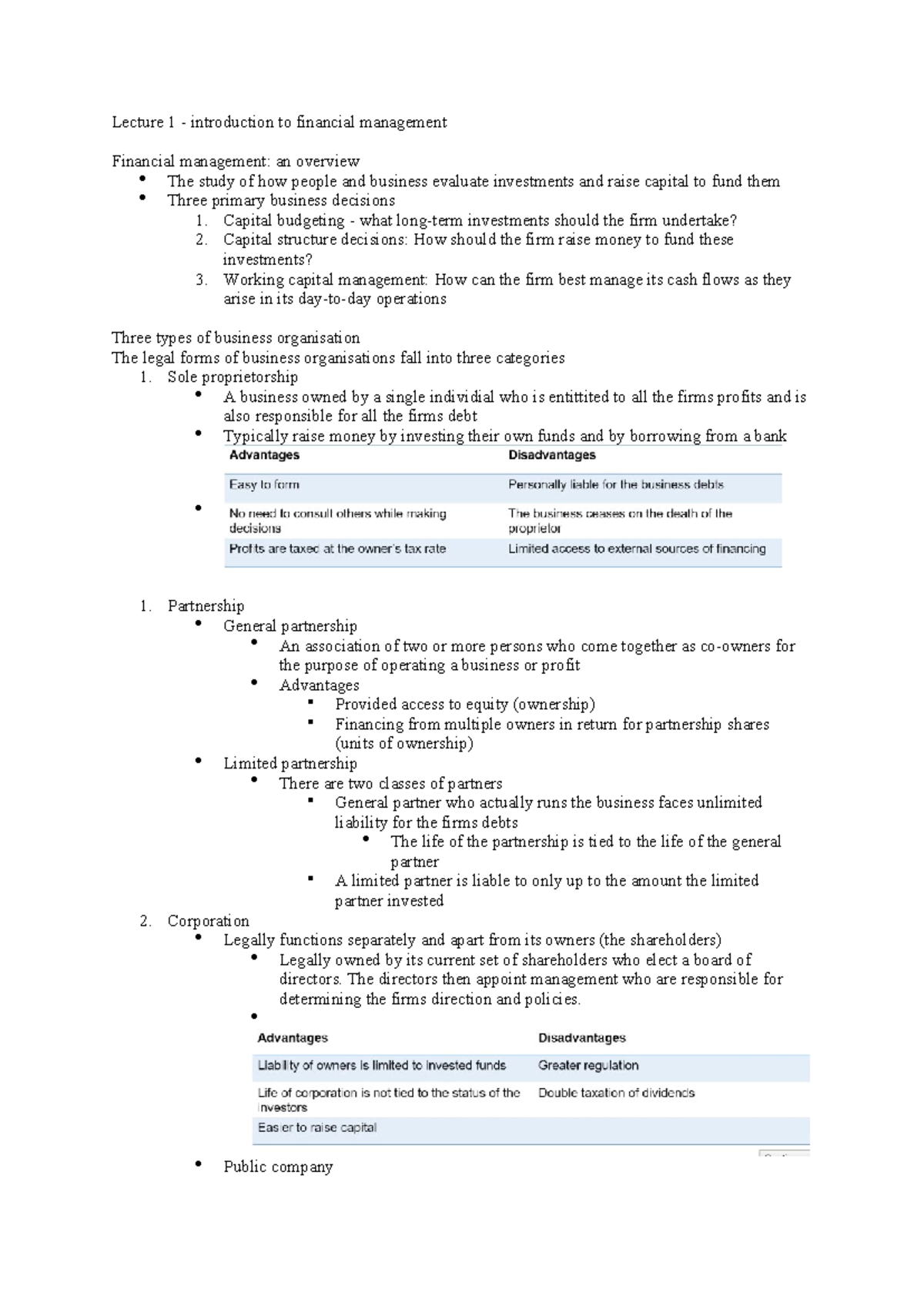 Lecture 1 Notes: Introduction to Financial Management (FIN101) - Studocu