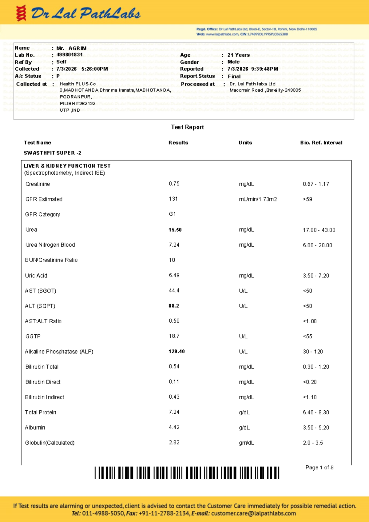 Final Lab Report: Mr. Agrim's Health Test Results (Lab No. 499801831 ...
