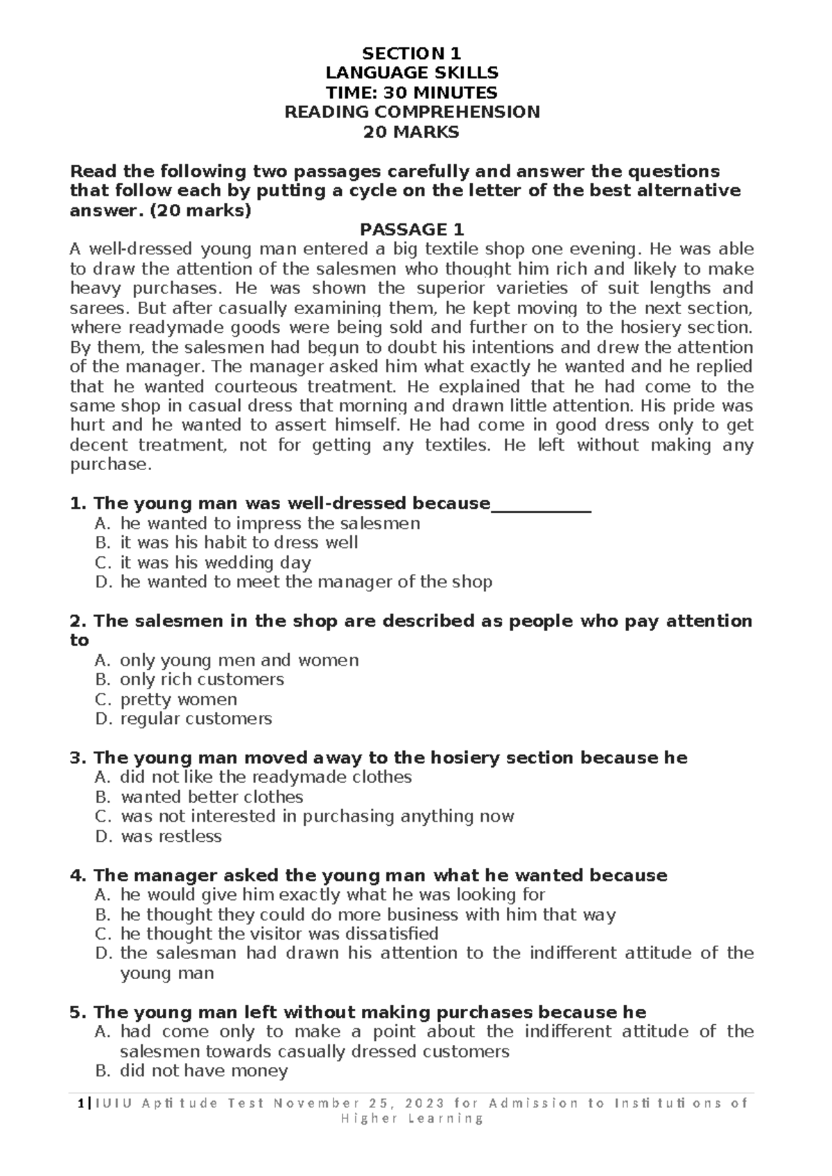 FULL Paper - Aptitude Test November 2023 (30 Marks) - Studocu