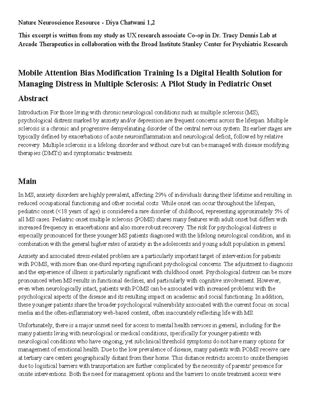 Mobile Attention Bias Modification Training for Pediatric MS: A Pilot ...