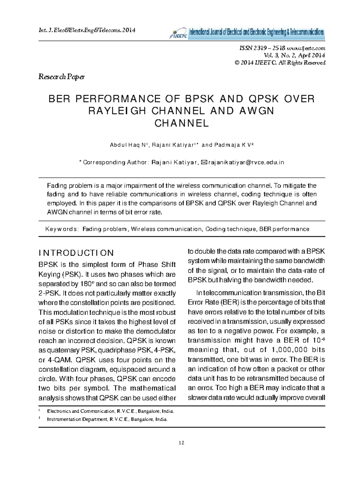 BER Performance Analysis of BPSK and QPSK in Rayleigh & AWGN Channels ...