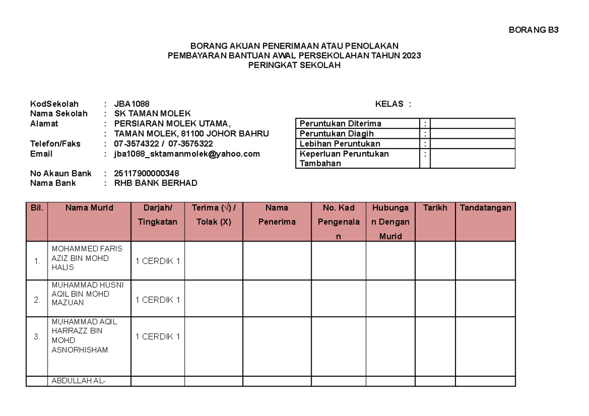 Borang B3 Bap 2023 1c1 Akuan Penerimaan Bantuan Sekolah Studocu