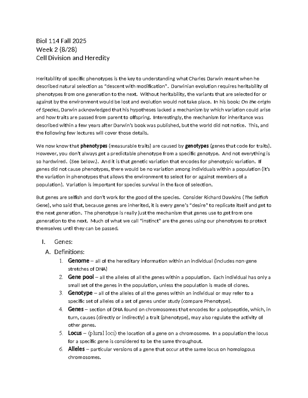 Biol 114 Fall 2025 Lecture Week 2: Cell Division & Heredity Notes - Studocu