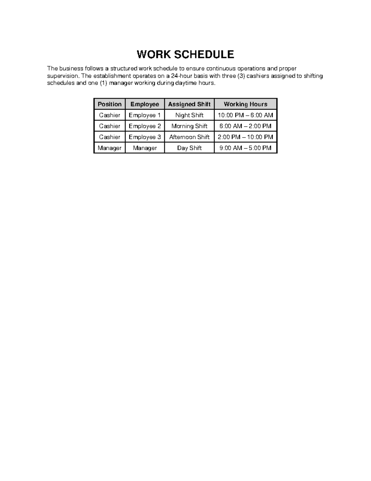 Work Schedule - WORK SCHEDULE The business follows a structured work ...