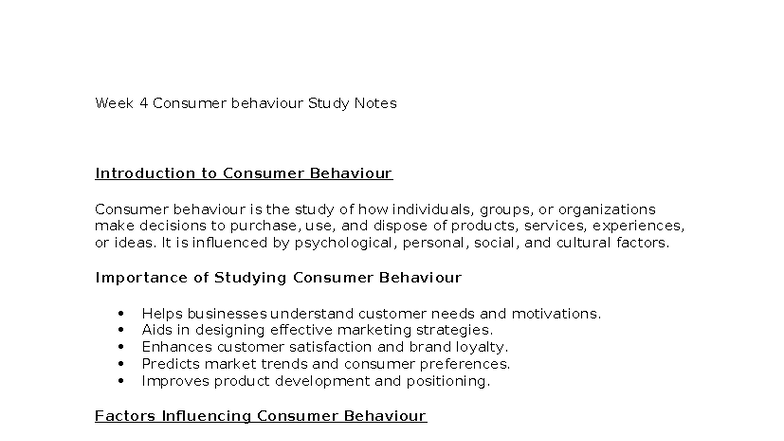 Week 4 Study Notes: Understanding Consumer Behaviour Factors - Studocu
