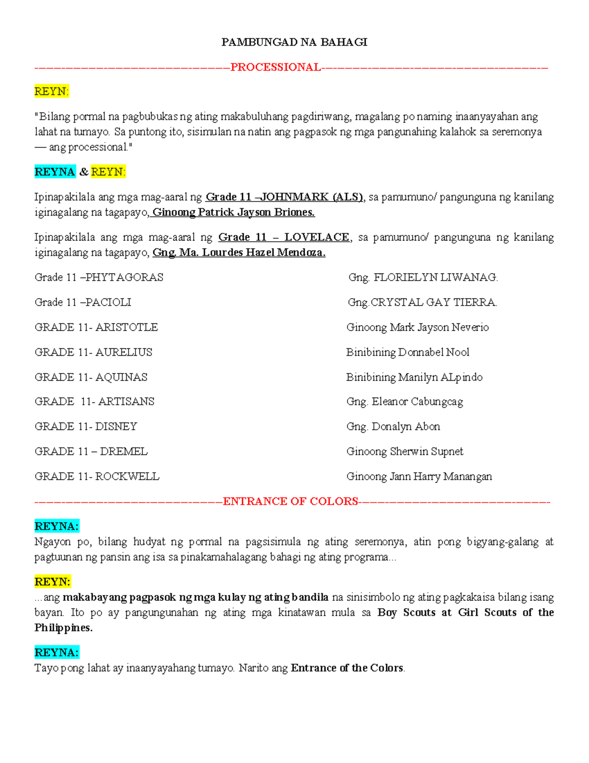 PAMBUNGAD NA BAHAGI: Skrip para sa Pagtatapos ng Gawad Parangal ng SHS ...
