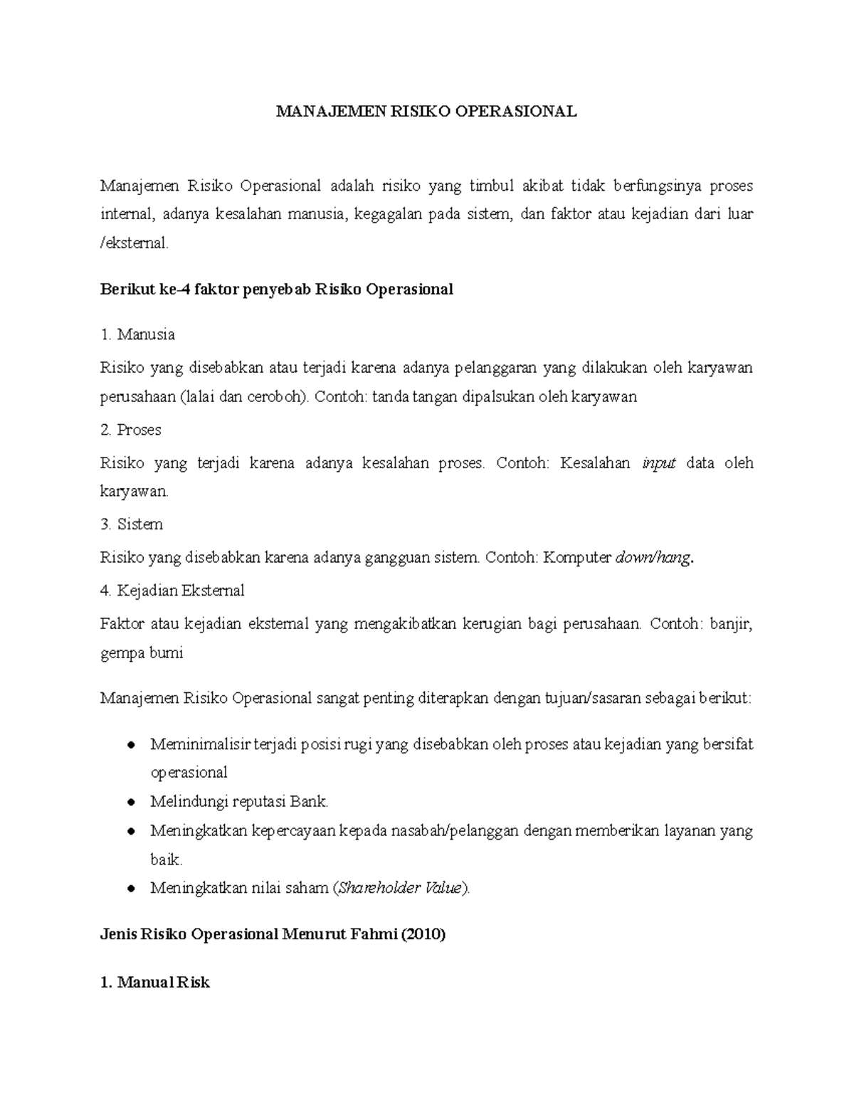 Manajemen Risiko Operasional - MANAJEMEN RISIKO OPERASIONAL Manajemen ...