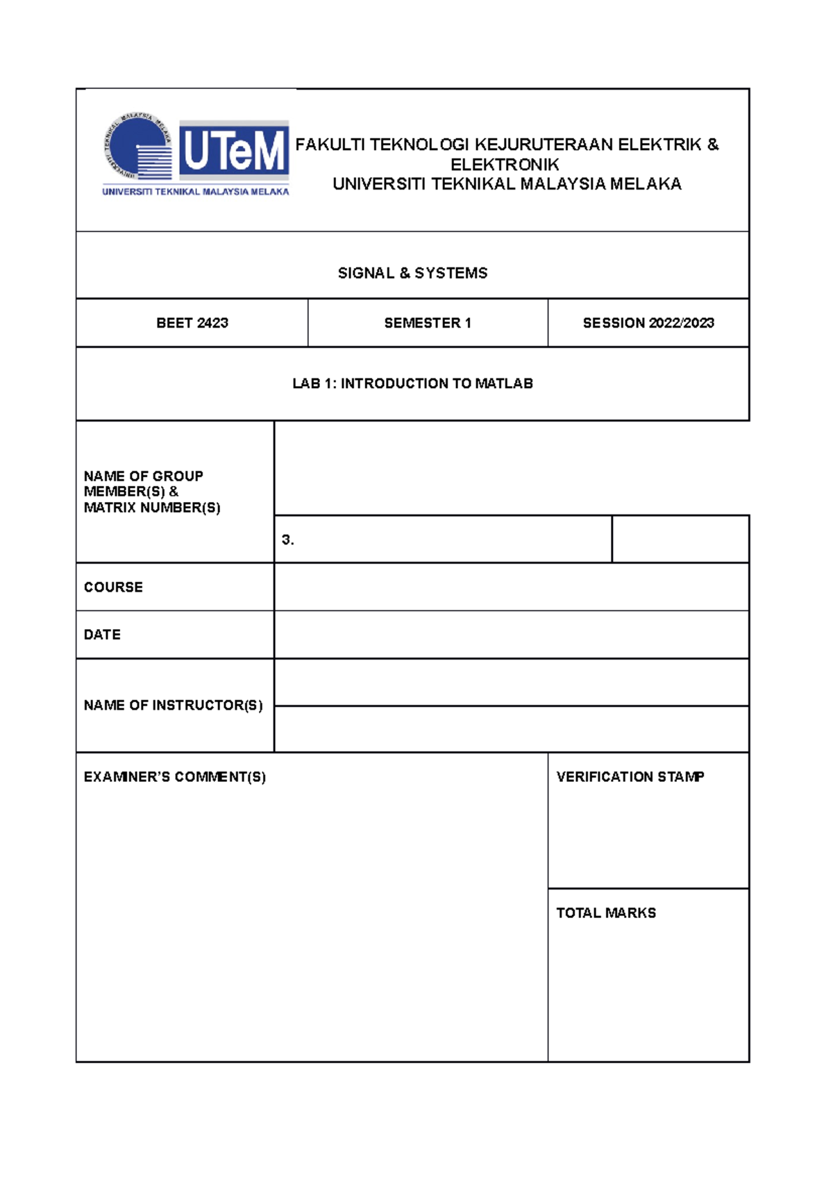 Lab 1- Introduction to Matlab - SIGNAL & SYSTEMS BEET 2423 SEMESTER 1 ...