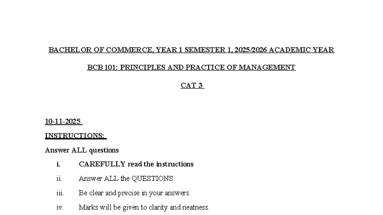 BCB 101: Principles & Practice of Management CAT 3 Assignment - Studocu