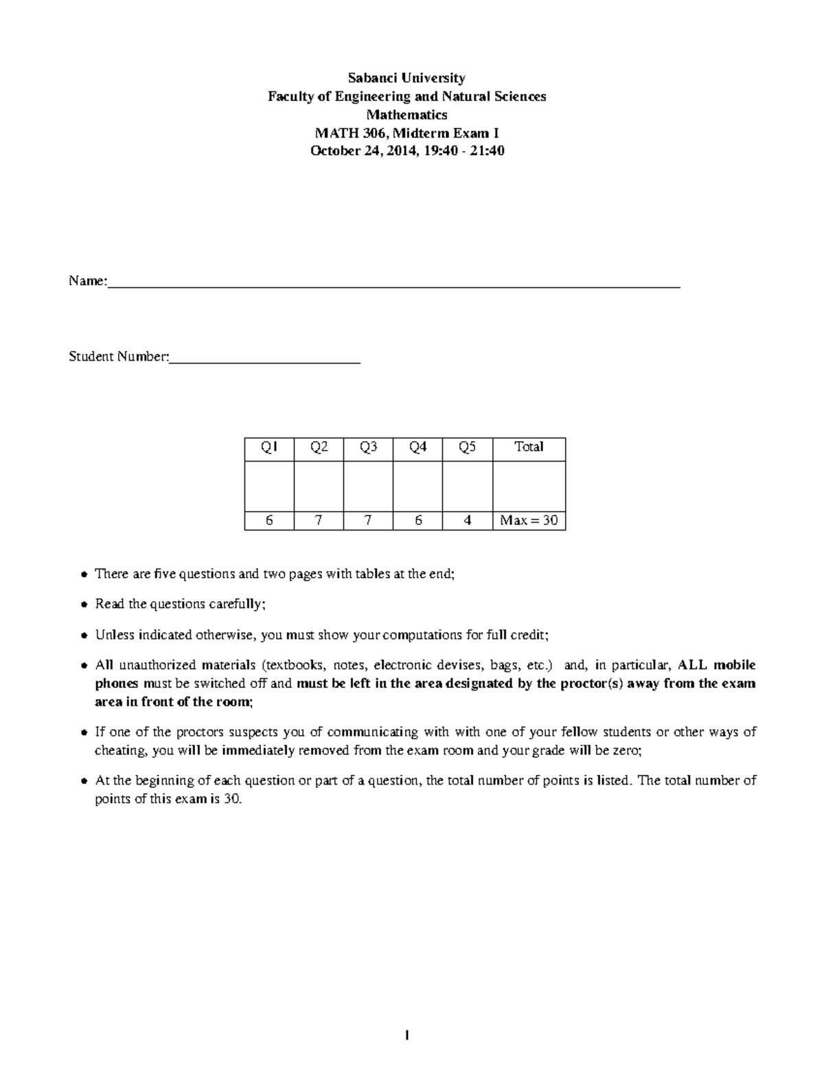 MATH 306 Midterm Exam I Solutions - Fall 2014 - Studocu