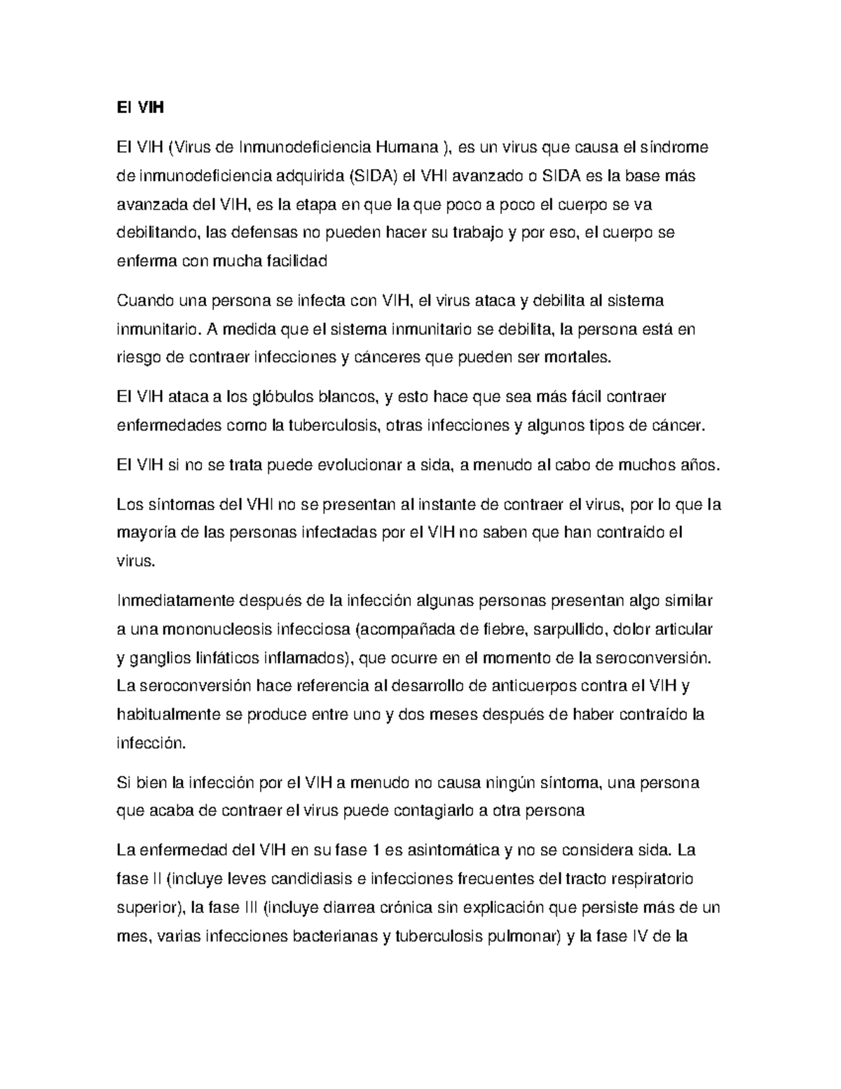 Informe sobre el VIH: Etapas y Síntomas del Virus - Studocu