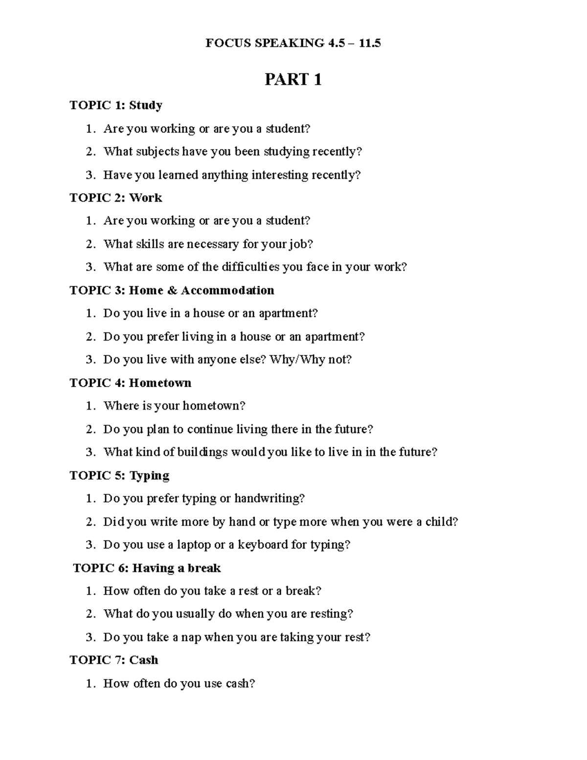G9 Speaking 4.5: Topics on Work, Home, and Lifestyle - Studocu