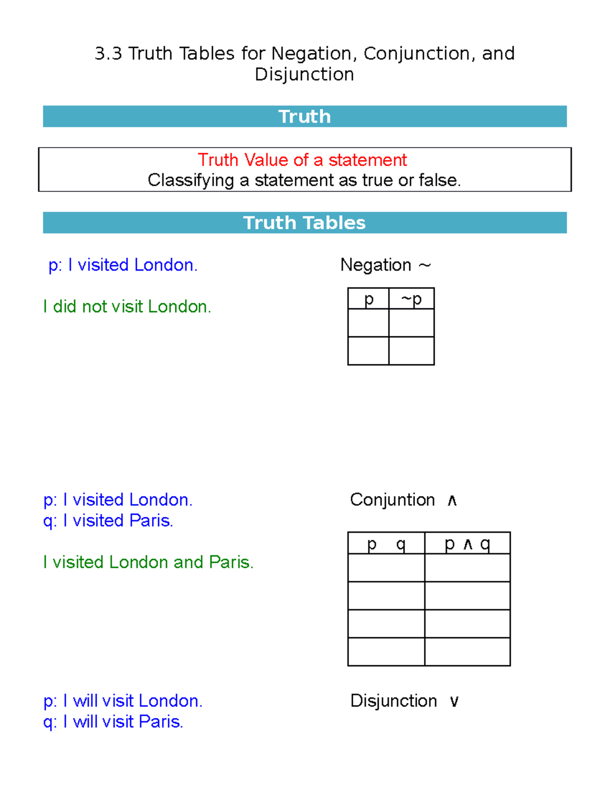 CMATH 100 Truth Tables - Negation, Conjunction, and Disjunction Notes ...