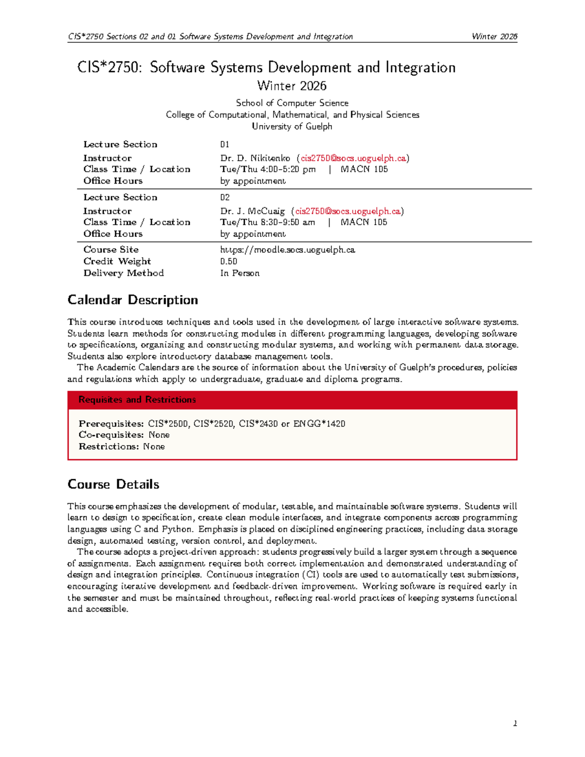 CIS2750 Software Systems Development & Integration Course Outline W26 ...
