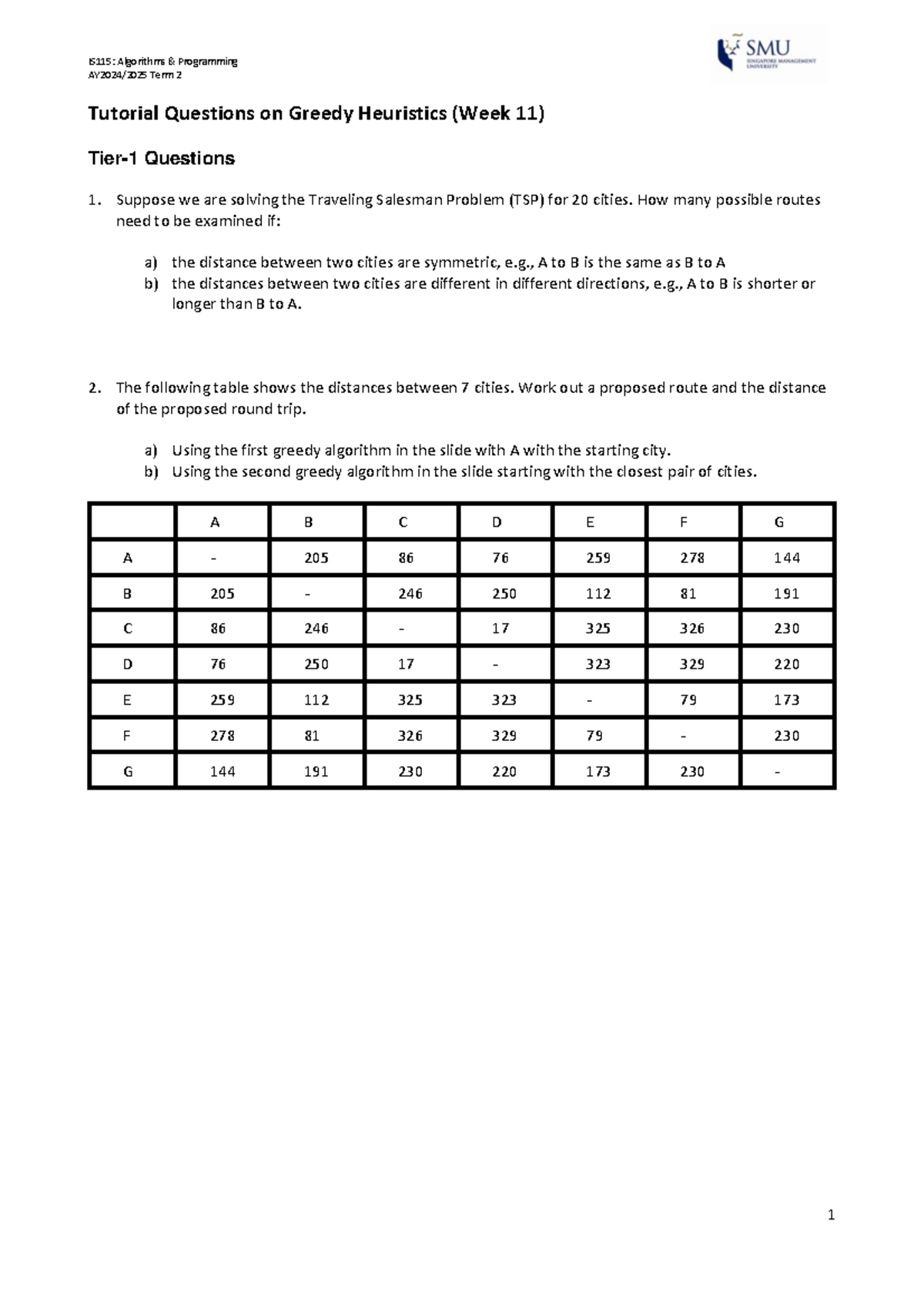 IS115: Algorithms Programming Term 2 Tutorial on Greedy Heuristics ...