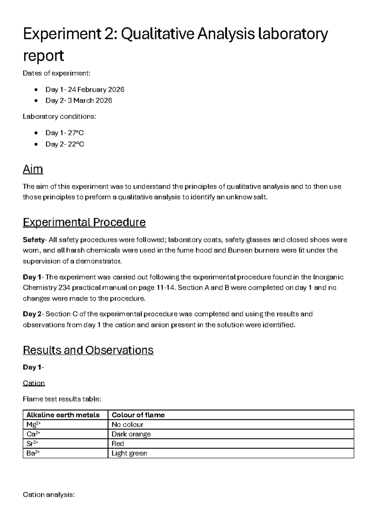 Inorganic Chemistry 234: Qualitative Analysis Lab Report - Studocu