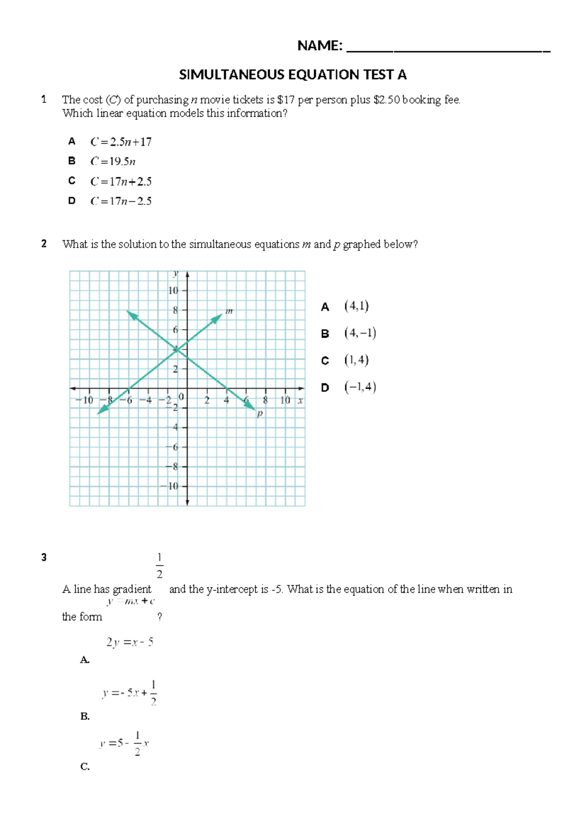 2022 Year 13 Maths Term 2 Test A - Simultaneous Equations Review - Studocu
