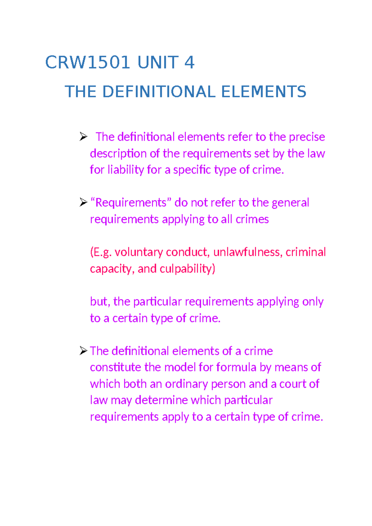 CRW1501 UNIT 4 - Overview of Definitional Elements in Criminal Law ...