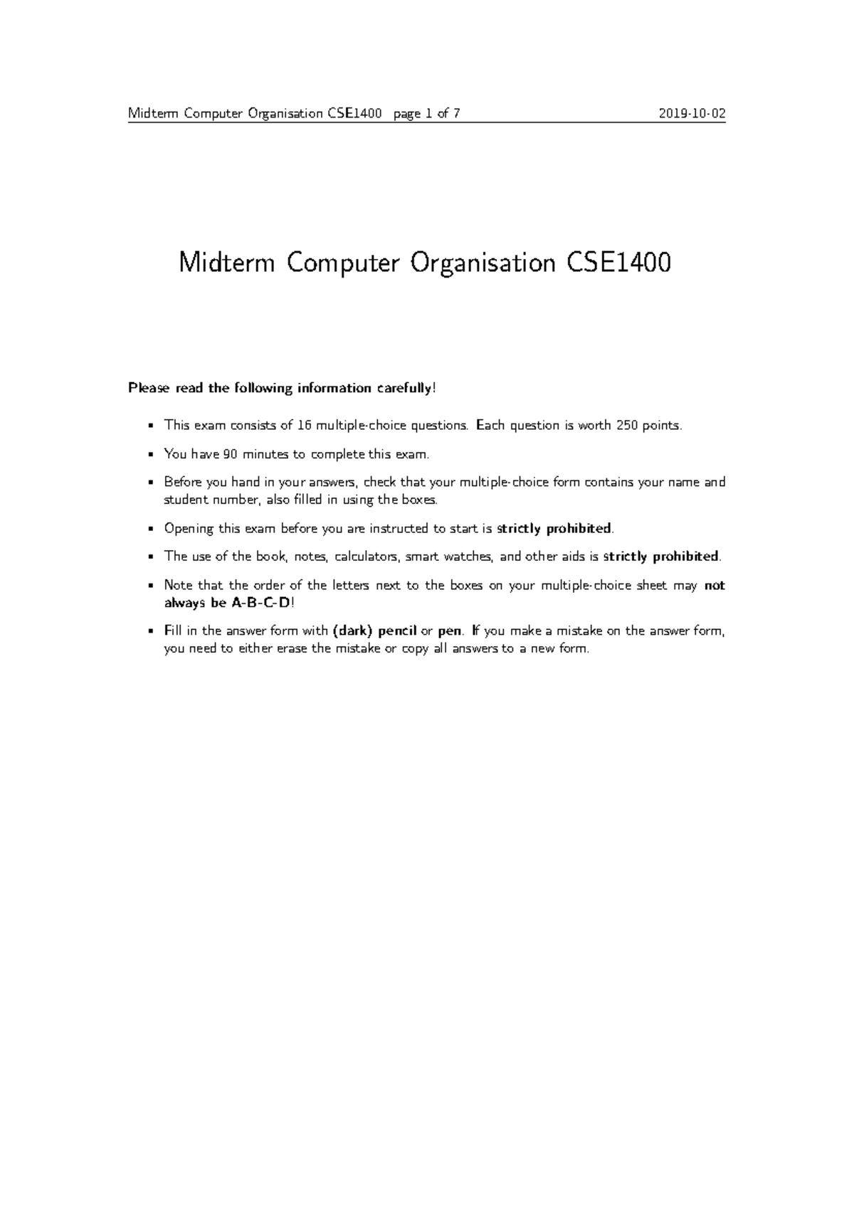 Midterm Exam Guide for Computer Organisation CSE 2021/2022 - Studeersnel