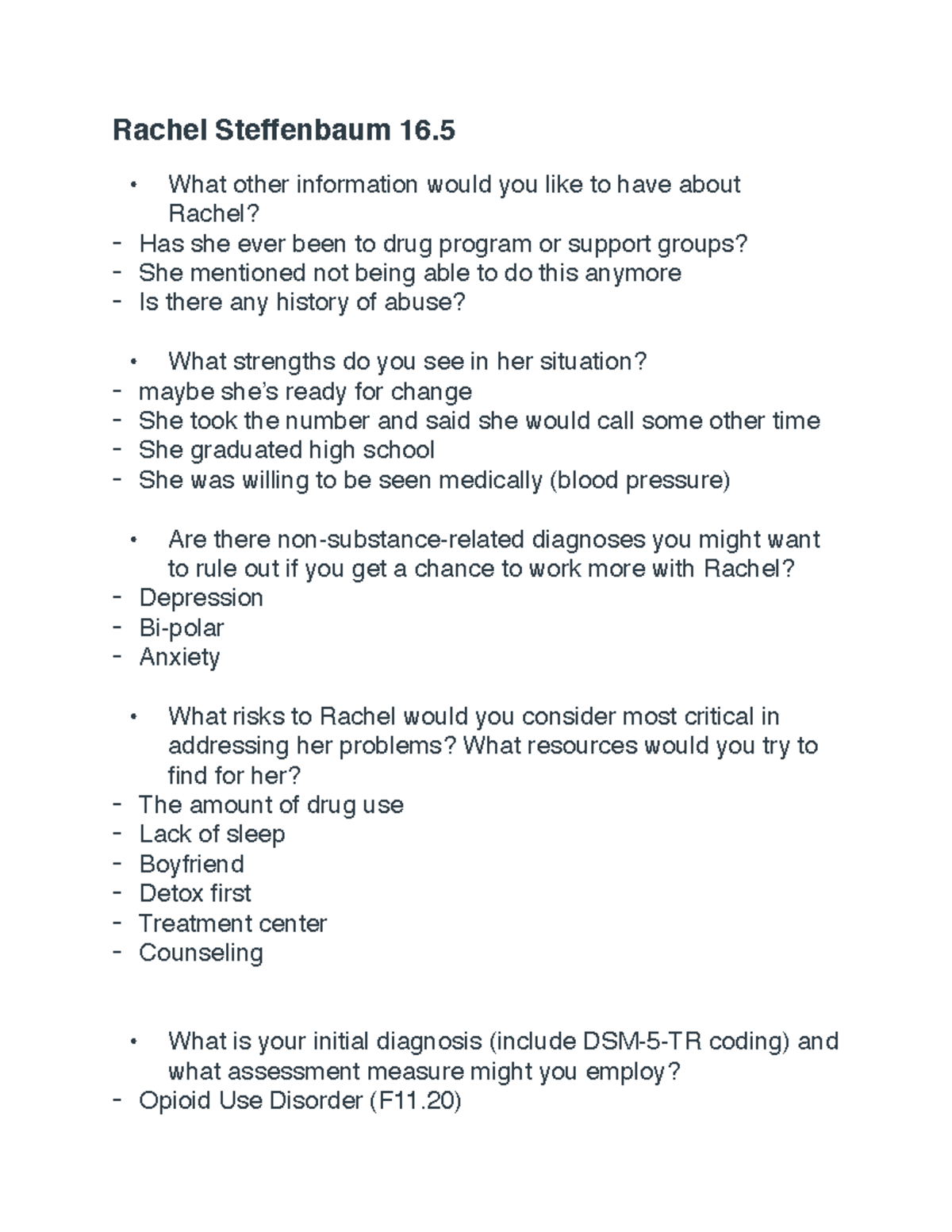 Case Study - Rachel's Assessment and Treatment Plan - Studocu
