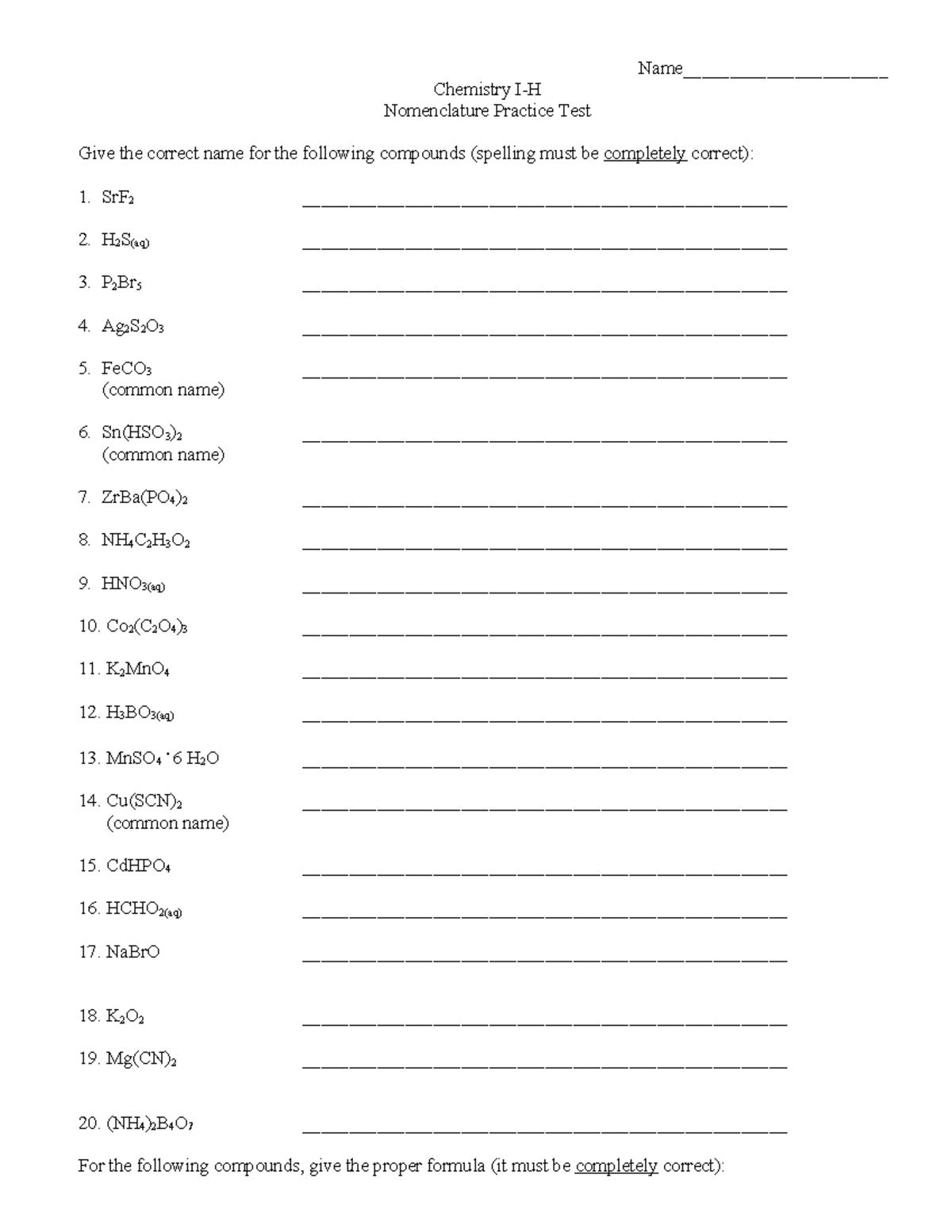 Chemistry Nomenclature Practice Test: Compound Naming & Formulas - Studocu