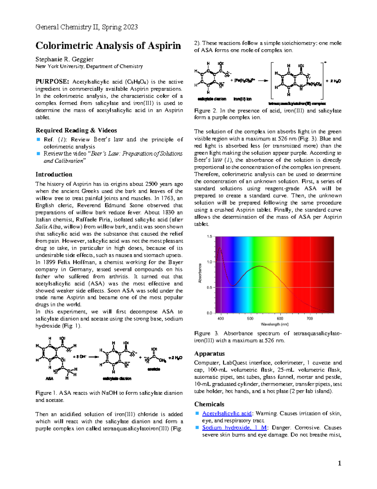 Colorimetric Analysis of Aspirin (Acetylsalicylic Acid) Sp23 - Studocu