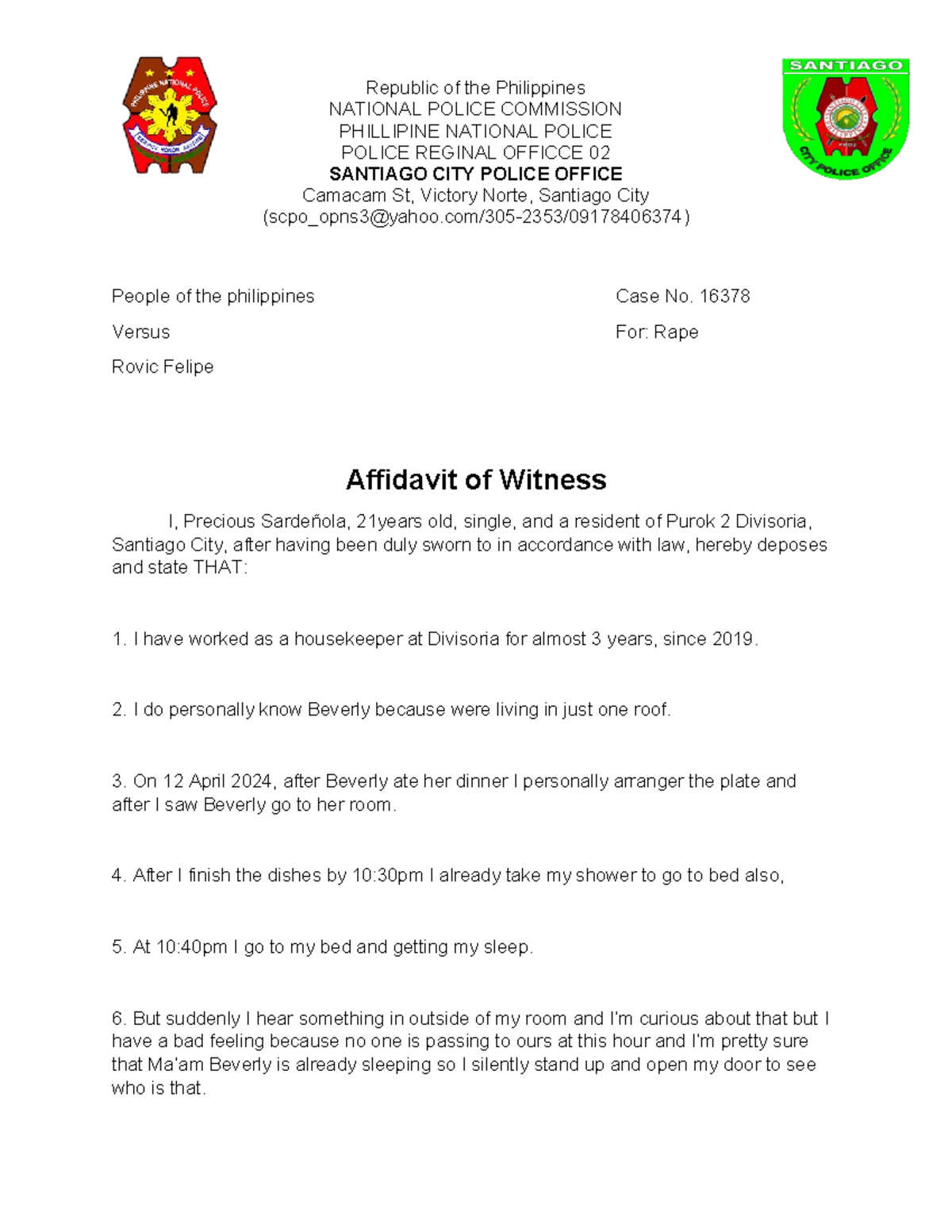 Affidavit of witness - sample - Republic of the Philippines NATIONAL ...