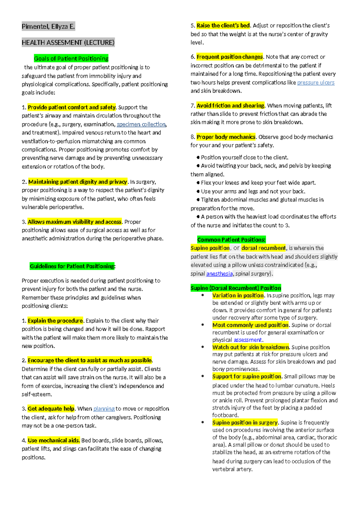 Patient Positioning Guidelines for Health Assessment (LECTURE) - Studocu