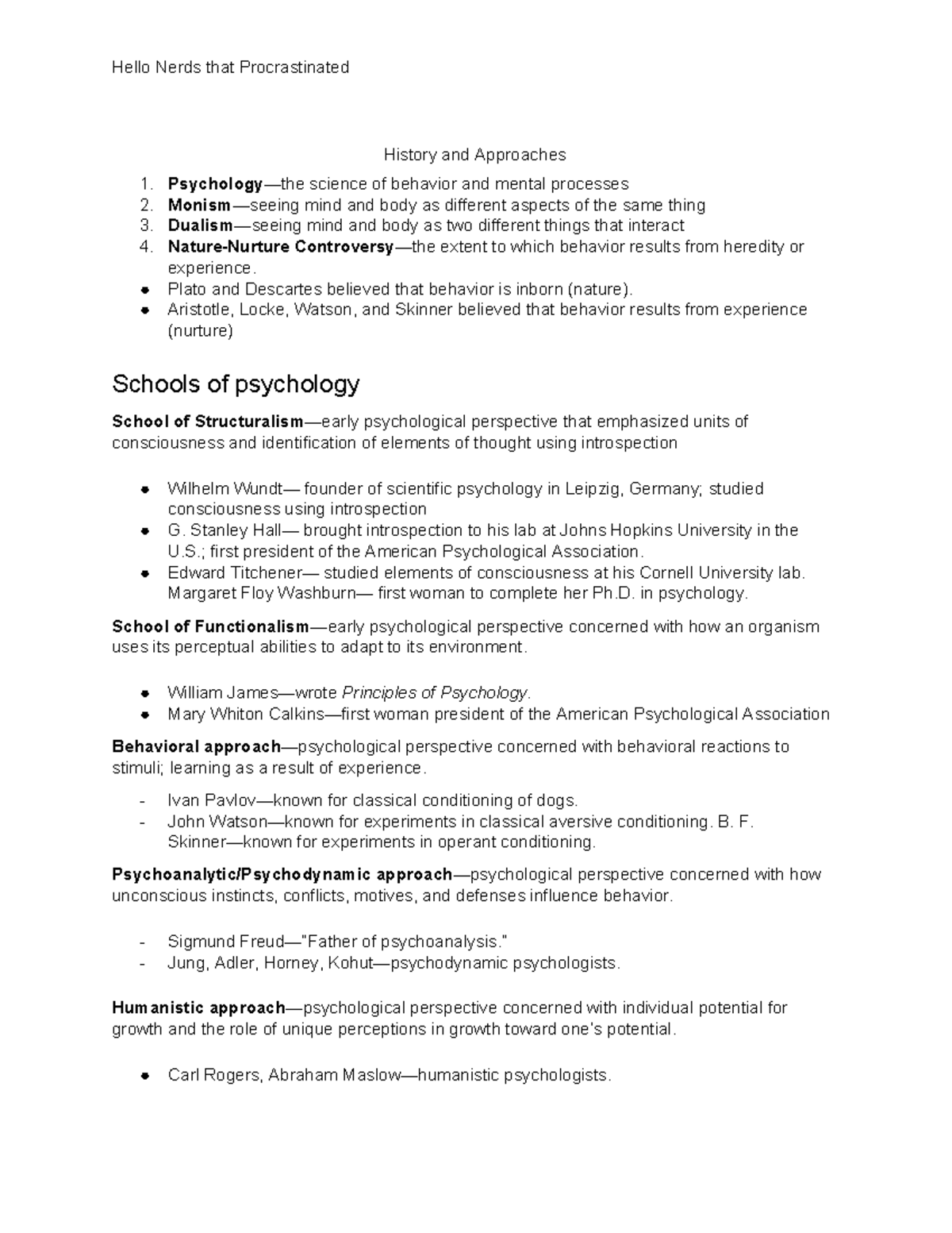 AP Psych Cheat Sheet: Key Concepts from History & Approaches - Studocu