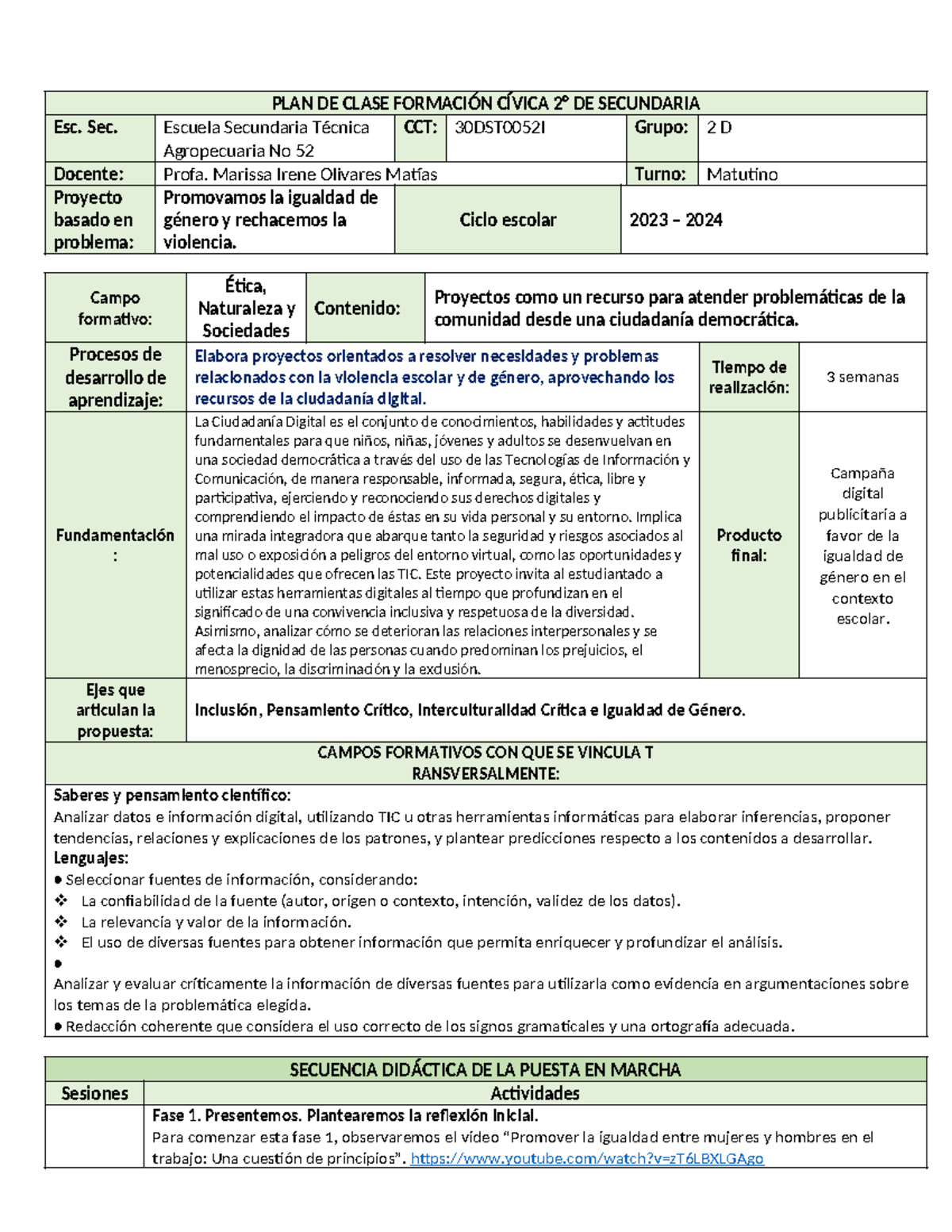 Plan de Clase: Igualdad de Género y Prevención de la Violencia - 2° Sec ...