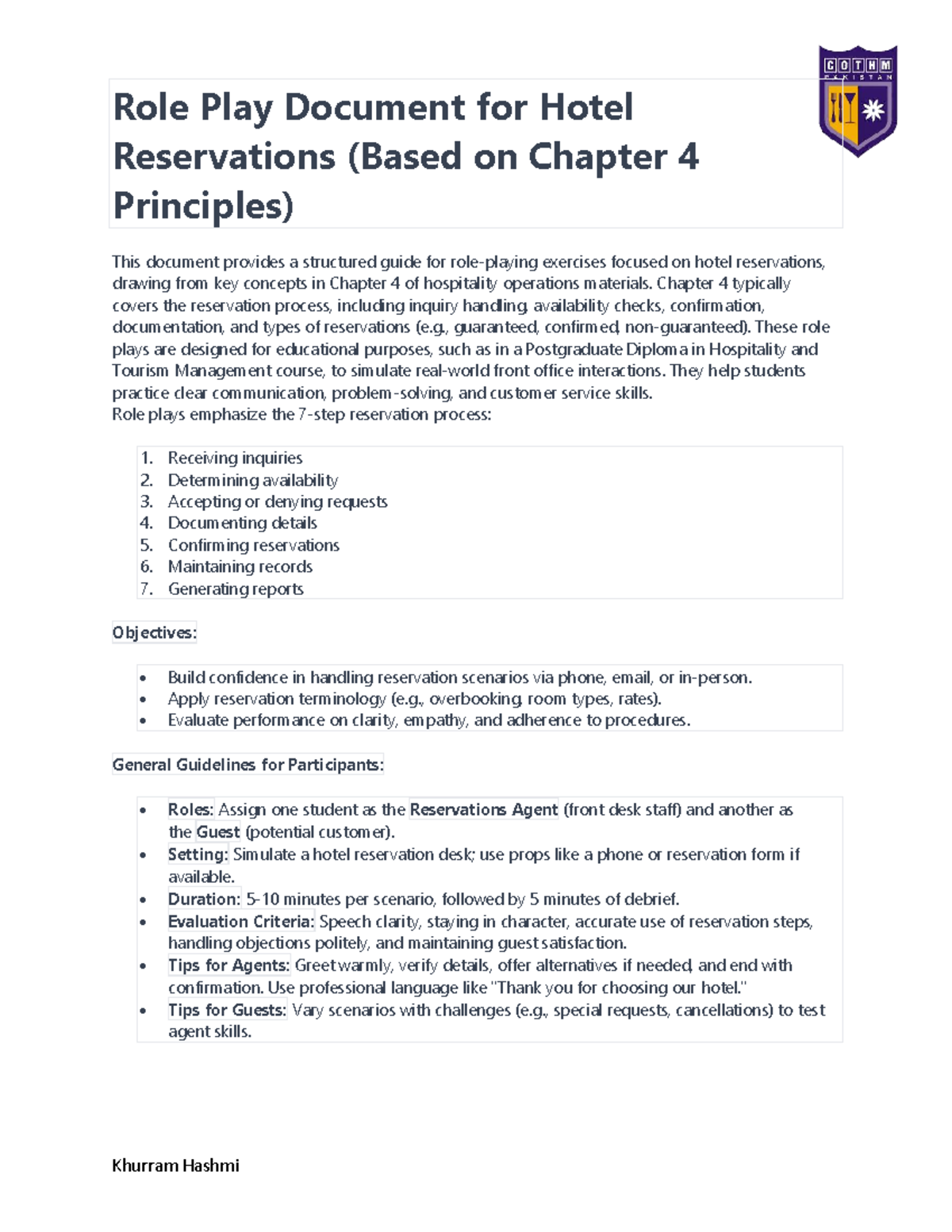 Role Play Scenarios for Hotel Reservations (Chapter 4 Principles) - Studocu