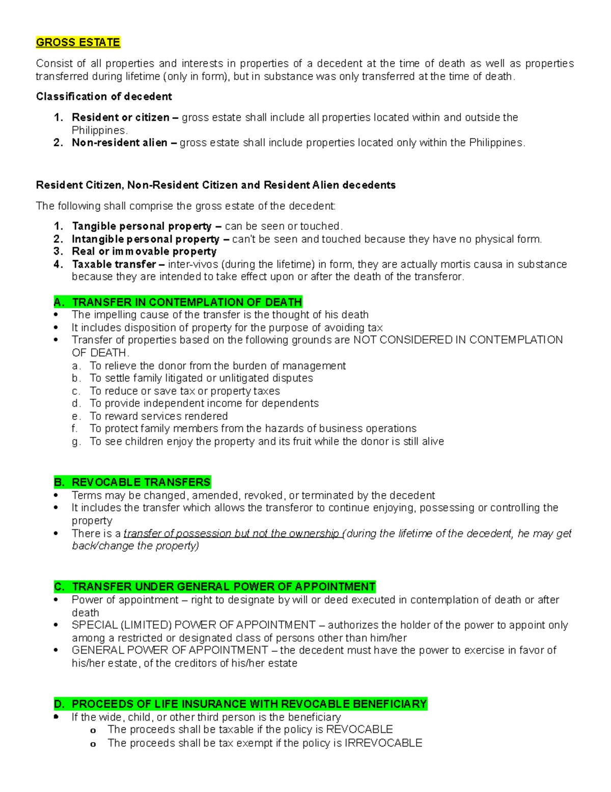 Gross Estate Notes: Detailed Overview and Classifications - Studocu