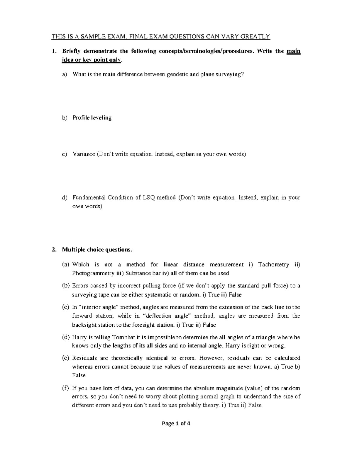 Surveying 101: Final Exam Sample Questions and Answers - Studocu