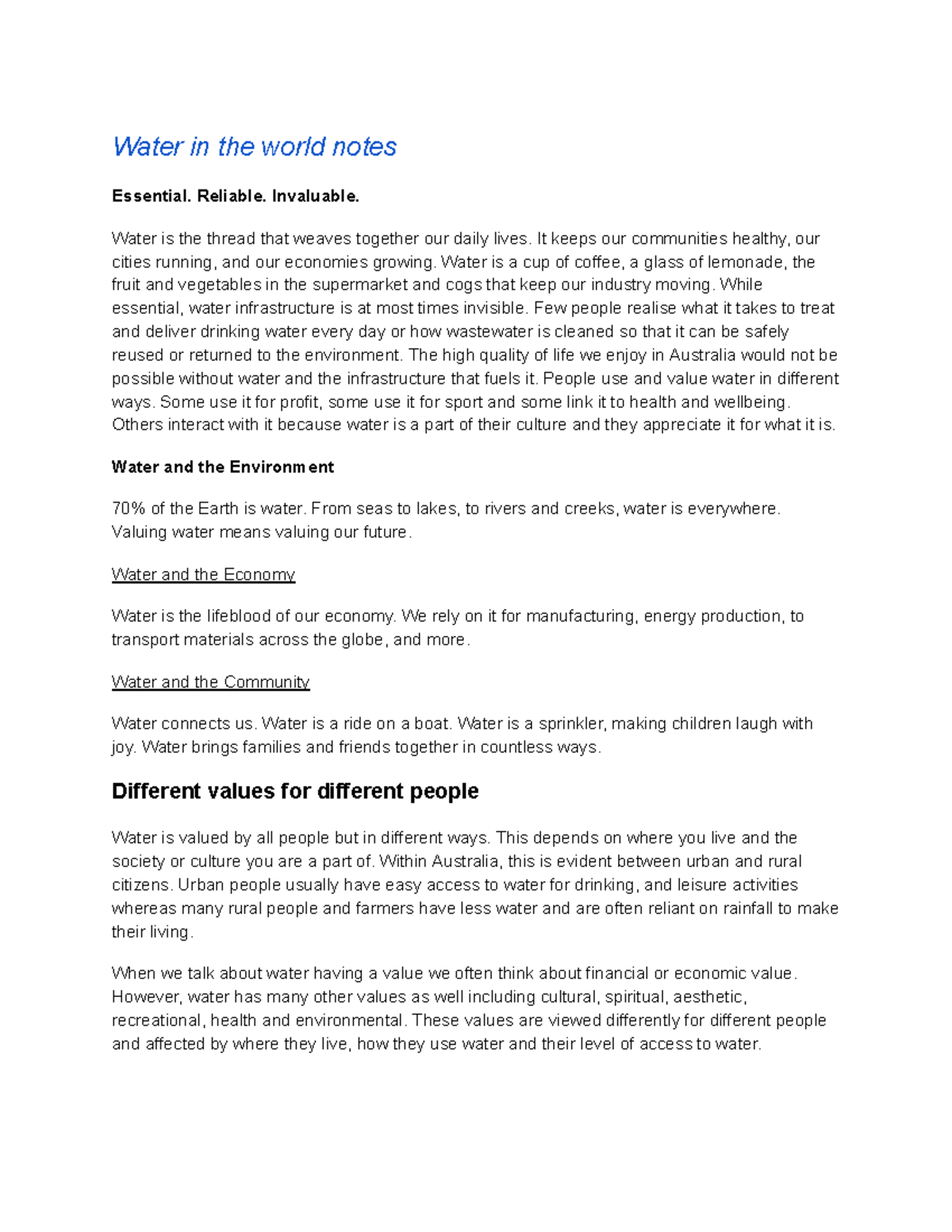 Geography Booklet: Notes on Water in the World Topic - Studocu
