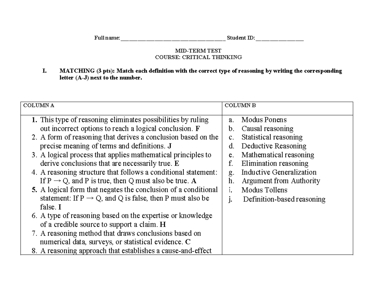 Critical Thinking I: Practice Revision for Full Student TEST - Studocu