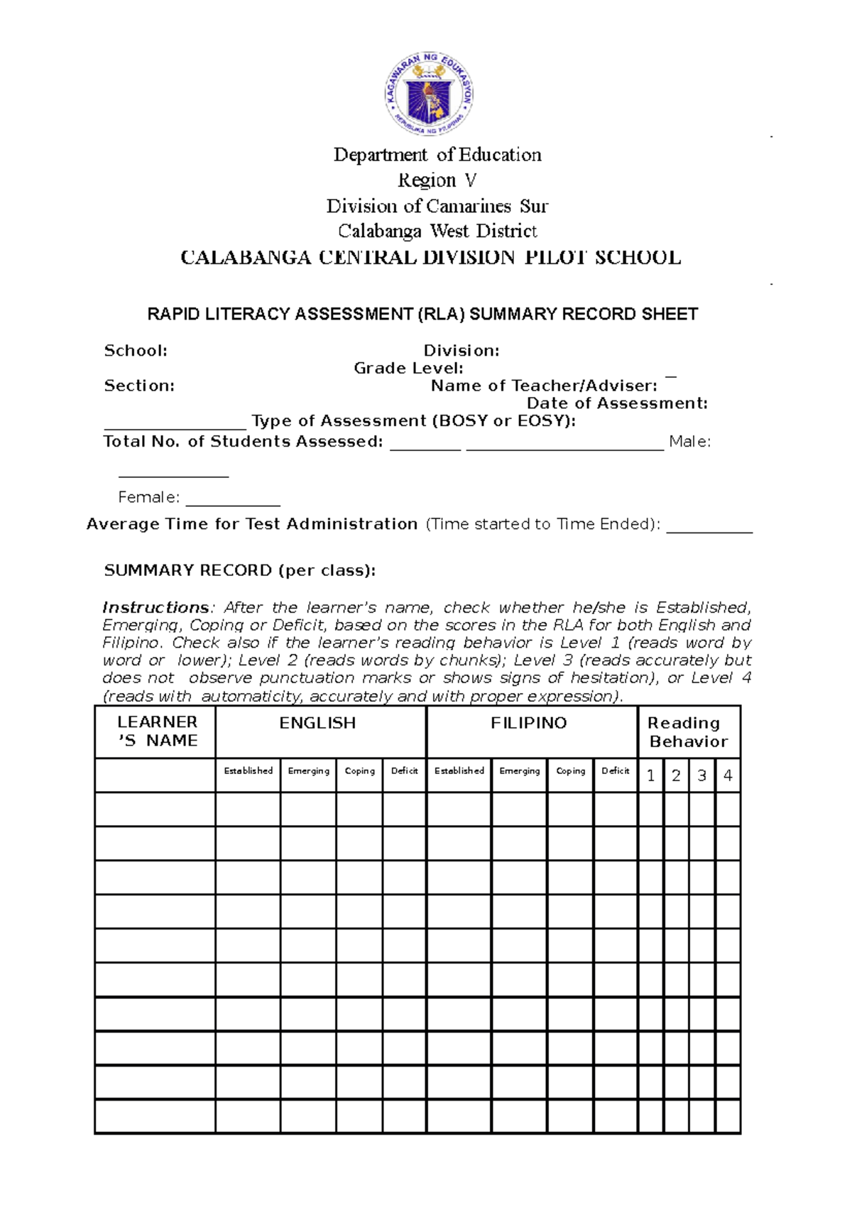 RLA Summary Record Sheet: Rapid Literacy Assessment Overview - Studocu