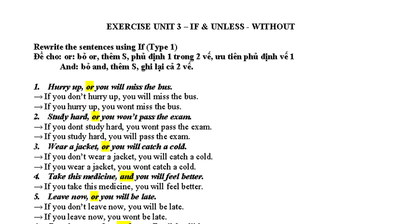 Exercise UNIT 3 – IF: Rewrite Sentences Using If (Type 1) - Studocu