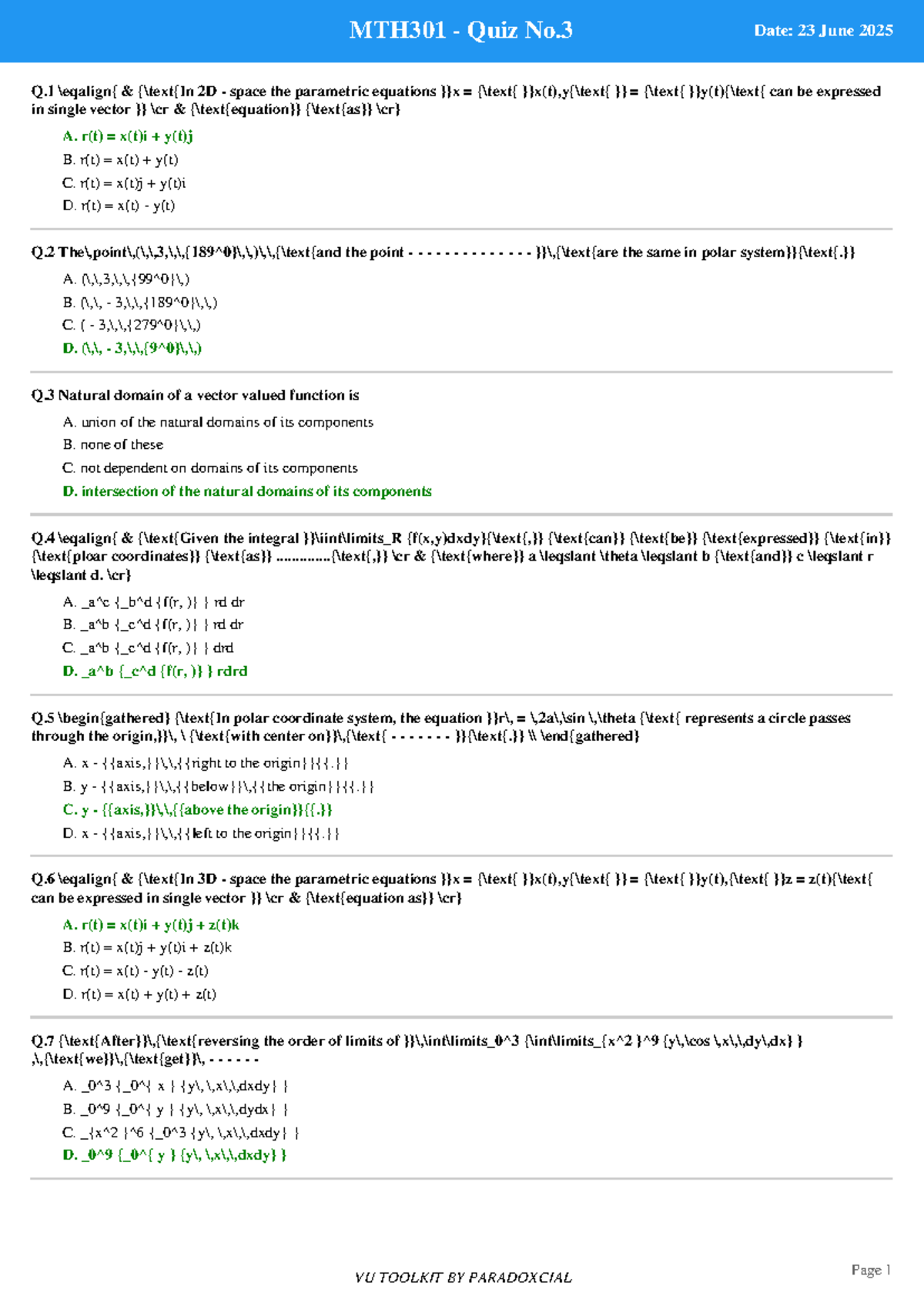 MTH301 Quiz No. 3 - Parametric Equations and Polar Coordinates - Studocu