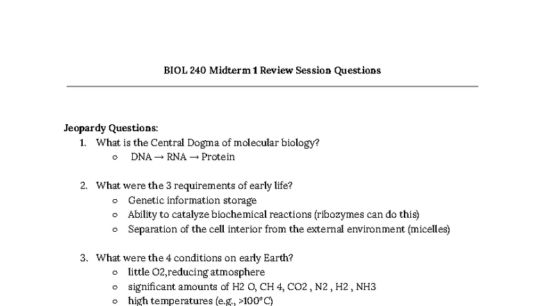 BIOL 240 - Midterm 1 Review Session: Key Concepts & Questions - Studocu