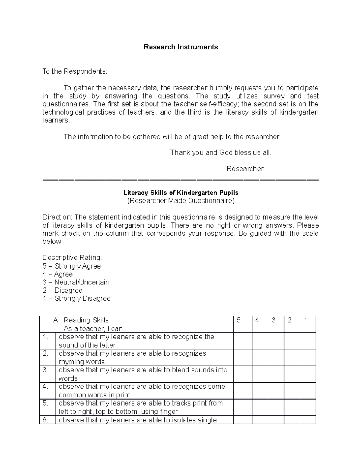 KG-101: Literacy Skills Survey Questionnaire for Kindergarten Learners ...
