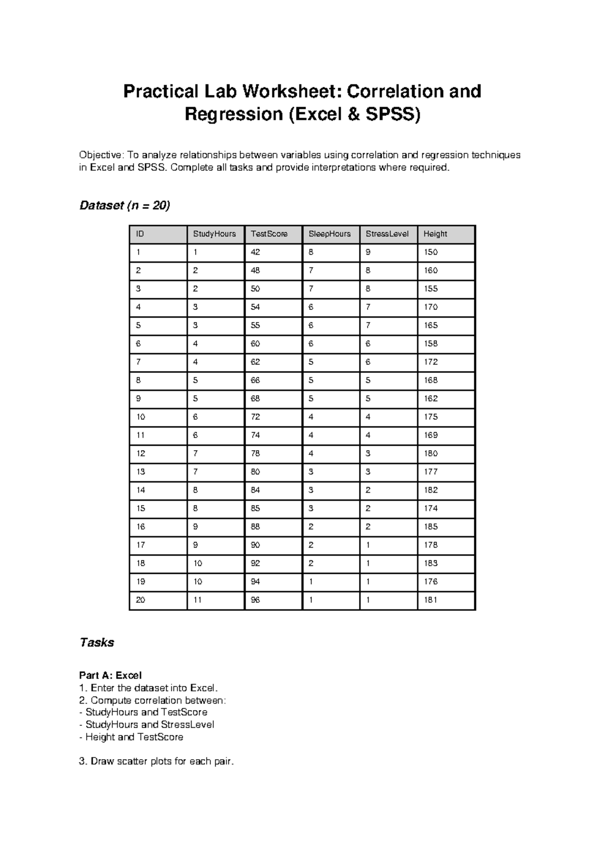 Correlation and Regression Lab Worksheet (Excel SPSS) - Studocu