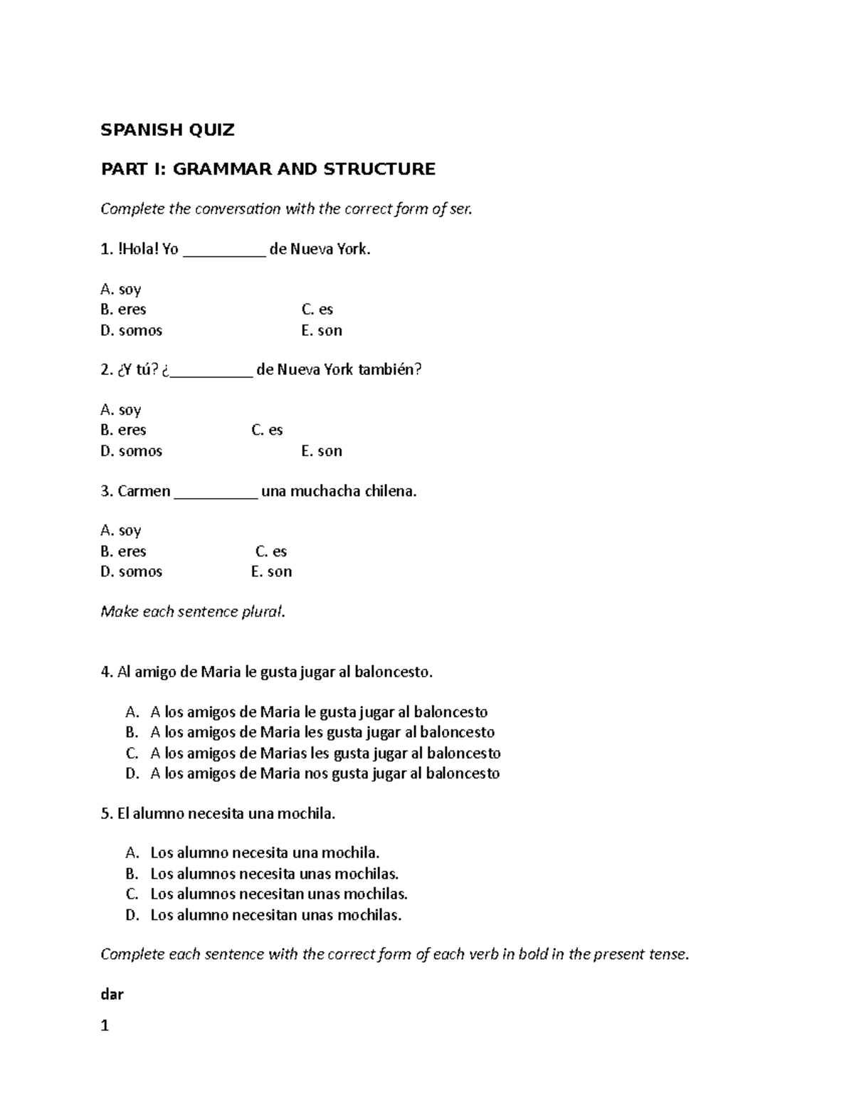 Spanish QUIZ_para practicar gramatica para un examen - SPANISH QUIZ ...
