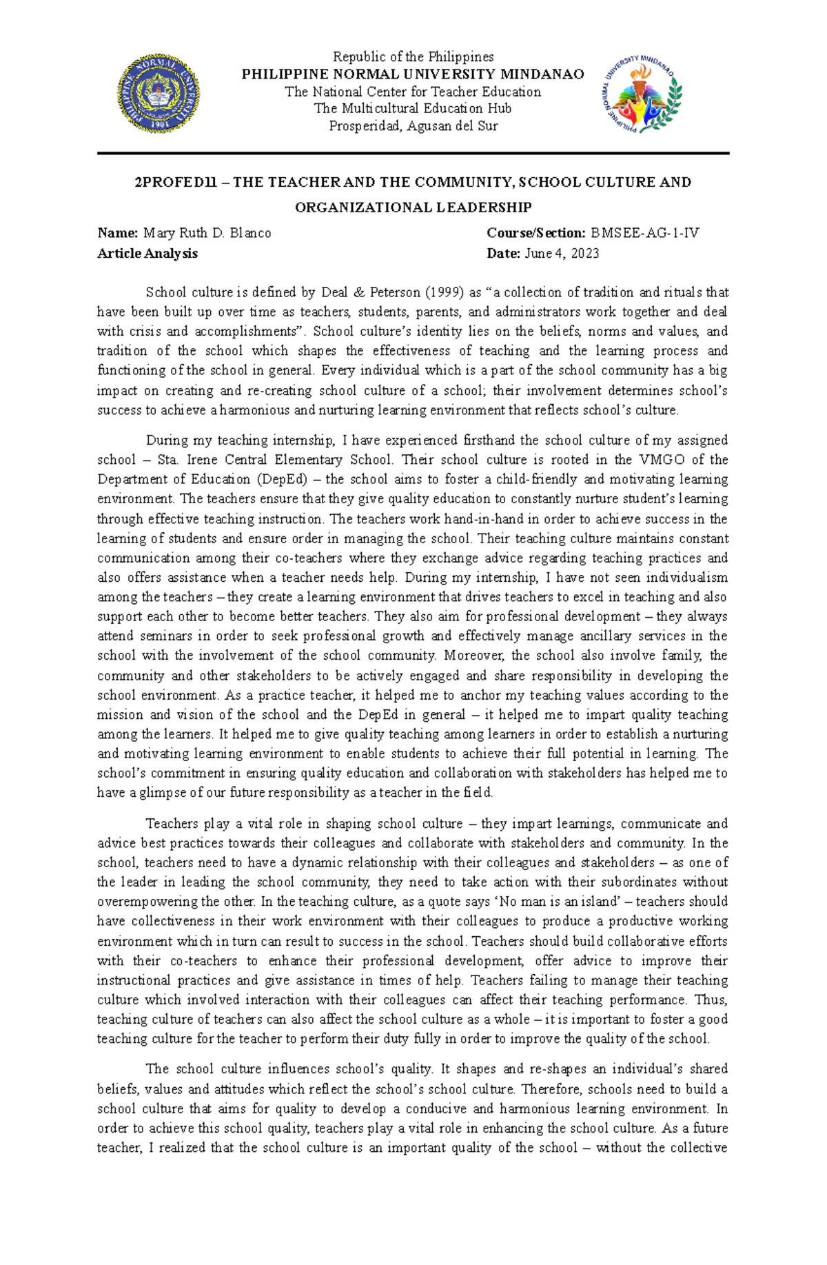 Article Analysis AND Essays - Republic of the Philippines PHILIPPINE ...