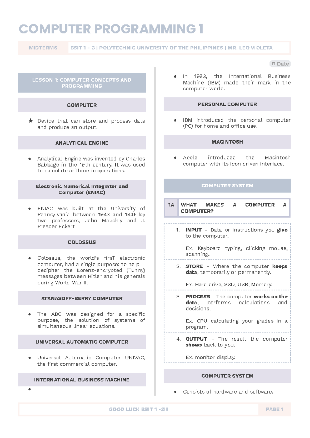 COMPUTER PROGRAMMING 1 MIDTERMS BSIT 1 3 NOTES POLYTECHNIC UNIVERSITY ...
