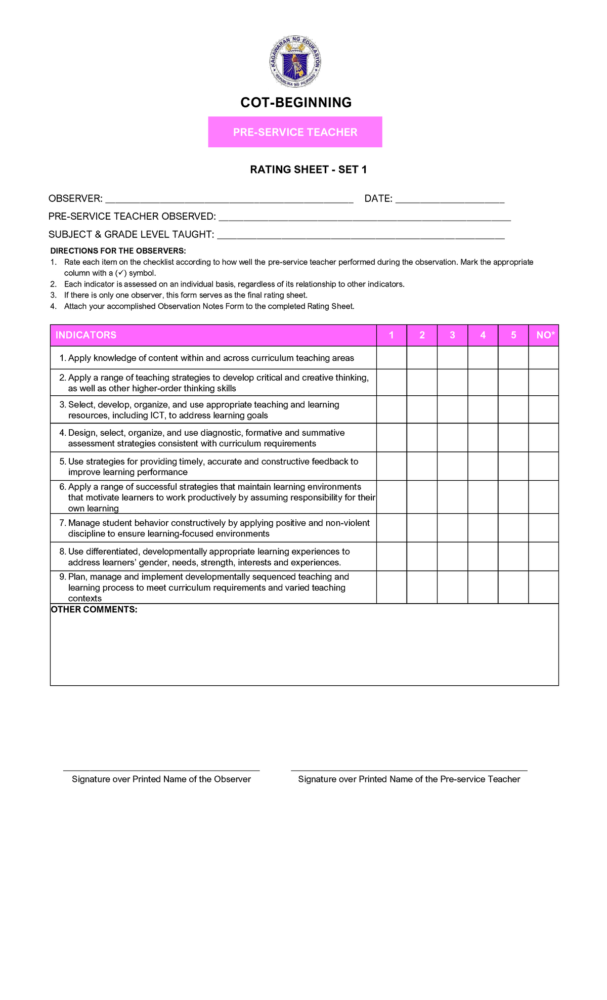 COT Beginning Set 1 Rating Sheet - RATING SHEET - SET 1 OBSERVER: - Studocu