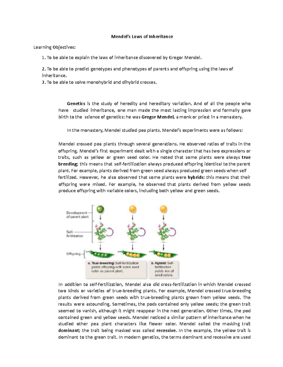 Handout Mendels Laws of Inheritance - Mendel’s Laws of Inheritance Learning Objectives: To be ...