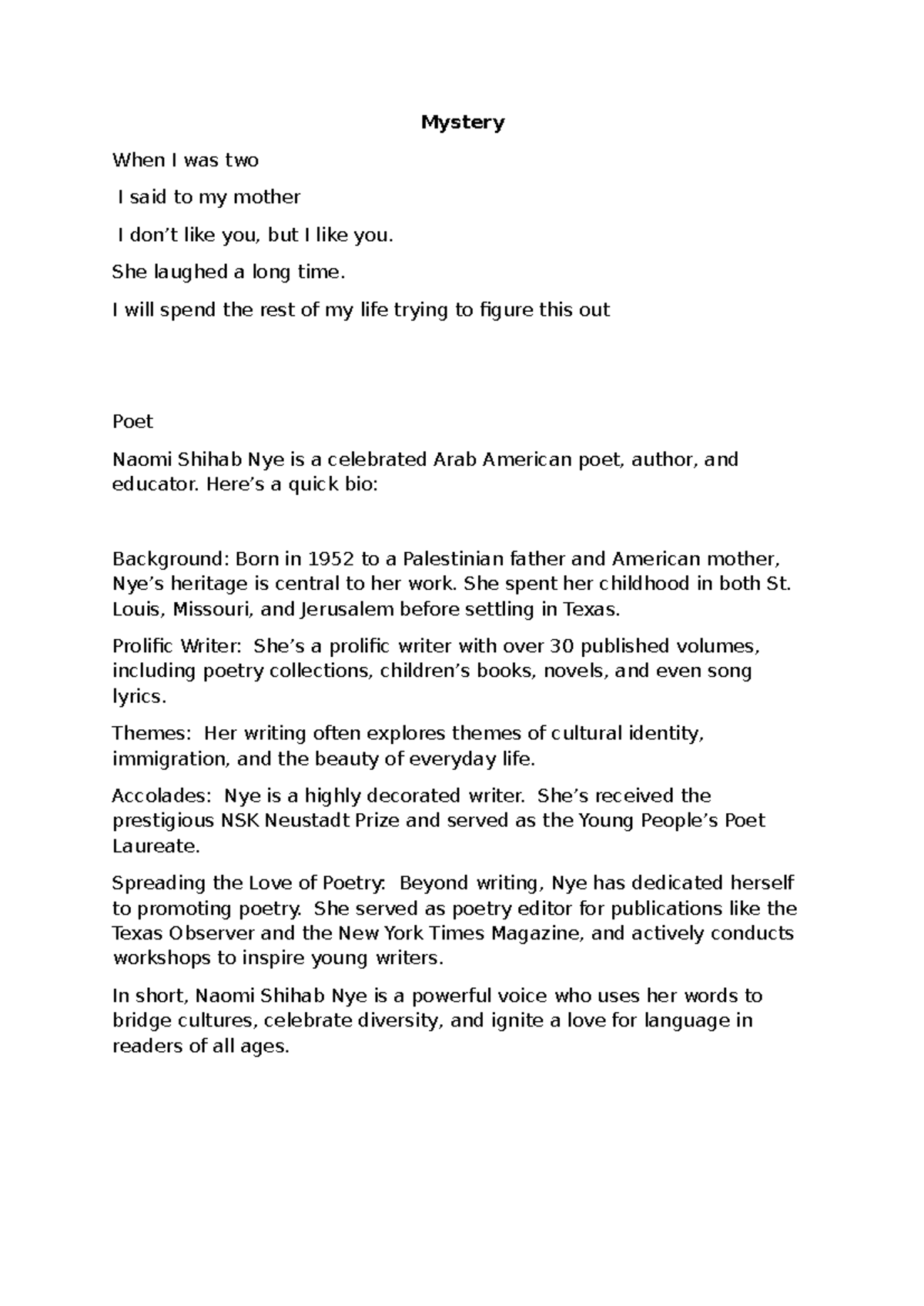 ENG 101 - Analysis of Naomi Shihab Nye's Poetry and Themes - Studocu