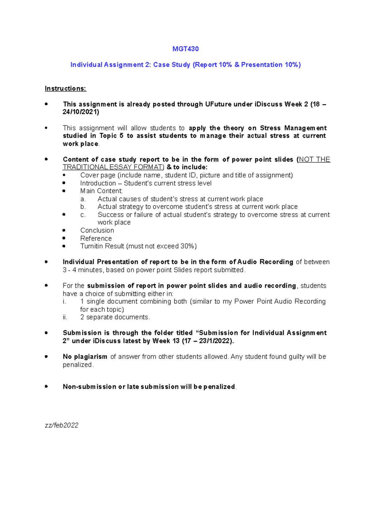 MGT430 Individual Assignment 2: Case Study on Stress Management - Studocu